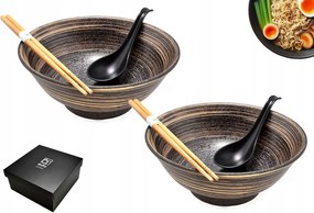 Sada 2 misek s lžícemi a paličkami – Ramen Uzu Brown 22 cm dárková krabička