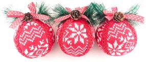 Textilní vánoční baňky na stromeček, červená, 8cm, 3ks