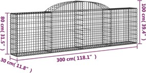Klenuté gabionové koše 6 ks 300x30x80/100 cm pozinkované železo 3146507