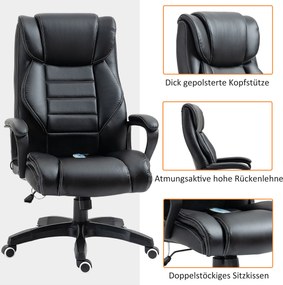 Masážní kancelářská židle Vinsetto v kůži, ergonomická výškově nastavitelná otočná židle, počítačová židle v černé barvě pro kancelář a domácí kancel…