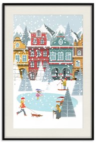 Plakát Zimní město - měšťanské domy a kluziště ve sváteční atmosféře