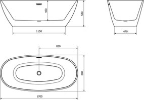 Mexen Eris, volně stojící vana 170 x 80 cm, bílá, broušený grafit přepad, 53441708000-95