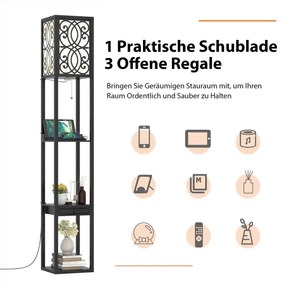 Costway Stojací lampa s policemi a zásuvkou do obývacího pokoje ložnice, černý
