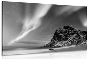 Obraz polární záře v Norsku v černobílém provedení - 120x80 cm