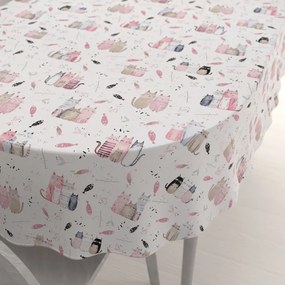 Biante Dětský bavlněný oválný ubrus Sandra SA-654 Kočičí svět růžovo-hnědý na bílém 50x100 cm