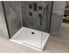 Mexen Omega, sprchový kout s posuvnými dveřmi 100 (dveře) x 70 (stěna) cm, 8mm čiré sklo, černý profil + slim sprchová vanička bílá s černým sifonem, 825-100-070-70-00-4010B