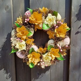 Velikonoční věnec na dveře 30 × 30 × 8 cm, žluté květy, plast, venkovní