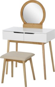 HOMCOM Severský design toaletní stolek s zrcadlem, 2 šuplíky a stoličkou, Bílá borovice