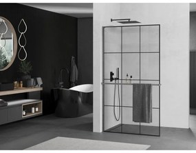 Mexen Kioto+ L, sprchová zástěna Walk-In s poličkou a věšákem 110 x 200 cm, 8mm čiré sklo černý vzor, ​​grafitový profil, 800-110-123-66-77