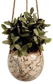 Závěsný béžový keramický obal na květináč se šedými květy M - Ø 14*14/74 cm
