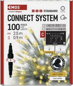Propojovací vánoční řetěz bez zdroje EMOS Connecting D1CN01 ZY2002 100LED krápníky 2,5x0,9m studená/teplá blikající