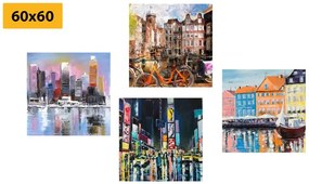Set obrazů města s imitací olejomalby