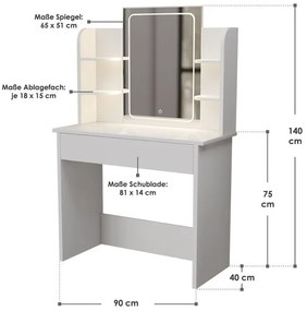 Bílý toaletní stolek Zoey s LED zrcadlem a úložnými policemi