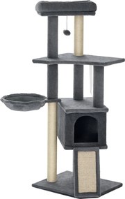 PawHut Multifunkční Aktivní Centr Cat Tree se Škrabacími Sloupky, Škrabací Podložkou, Visící Hračkou a Skrýší - Šedá | Aosom