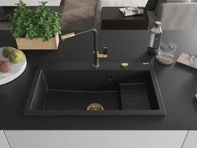 Mexen Omar, 1-komorový granitový dřez 800x480x210 mm, černá-stříbrná metalíza, zlatý sifon, 6520801005-73-G