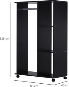 HOMCOM Skříň na kolečkách s otevřeným designem pro oblečení s ramínkovou tyčí a policemi organizátor pro ložnici 80x40x128 cm Černá
