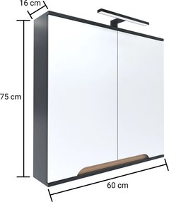 Skříň se zrcadlem dvoudveřová 60x16x75 GRAFIT/dub, Led lampa 40 cm, Omeble