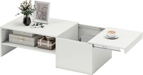 HOMCOM konferenční stolek ze dřeva s vysouvací deskou a otevřeným i skrytým úložným prostorem, 110x52x36 cm, bílá