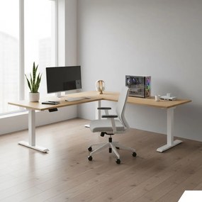 Výškově nastavitelný stůl OfficeTech Angle, 180 x 200 cm, bílá podnož, dub kamenný