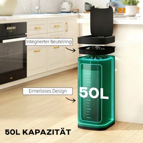 HOMCOM 50 l bezdotykový koš na odpad s pohybovým senzorem – aktivace pohybem, odolný proti otiskům (tmavě zelený)