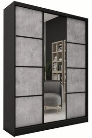 Nejlevnější nábytek Šatní skříň HARAZIA 150 se zrcadlem, 4 šuplíky a 2 šatními tyčemi, černý mat/beton