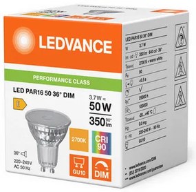 LED žárovka GU10 PAR16 LEDVANCE PARATHOM 3,7W (50W) teplá bílá (2700K) stmívatelná, reflektor 36°