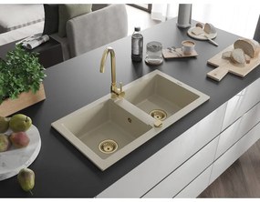 Mexen Mario, 2-komorový granitový dřez 820x436x161 mm a zlatá lesklá dřezová baterie Telma, béžová, 6504-69-670200-50