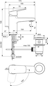 Ideal Standard Ceraplan - Umyvadlová baterie s BlueStart s kovovou odtokovou garniturou, chrom BD215AA