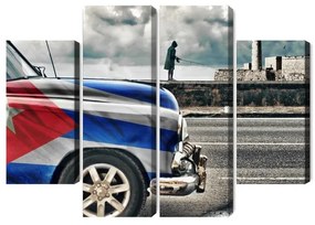 Vícedílný obraz Auto S Kubánskou Vlajkou V Ulicích Havany Nedostatek Nedostatek Přírodní plátno 160x120