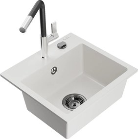 Mexen Milo, 1-komorový granitový dřez 435x410x171 mm a dřezová baterie Flora, bílá, 6505-20-670401-07-B