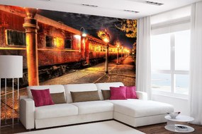 DIMEX | Samolepicí vliesová fototapeta na zeď Vlak a plameny MA-5-2899 | 375 x 250 cm | černá, oranžová, šedá