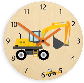 M.Clock Nástěnné dětské dřevěné hodiny Bagr tiché 30cm bříza