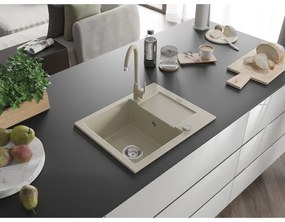 Mexen Enzo, 1-komorový granitový dřez s odkapávačem 58x47 cm a kuchyňskou baterií Telma, béžová, 6506-69-670200-69