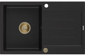 Mexen Bruno 1-miskový granitový dřez s odkapávačem 795 x 495 mm, Černá, sifon Zlatá - 6513791010-77-G