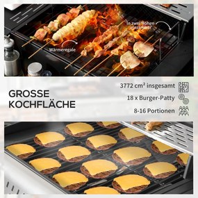 Outsunny plynový grilovací vozík 2+1 hořák s teploměrem 3kW BBQ gril na dřevěné uhlí s odkládací plochou Boční odkládací plocha Háček pro kempování Č…