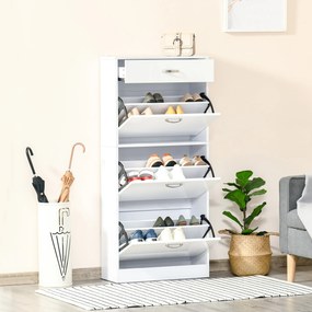 HOMCOM Skříň na boty - 3 skládací dveře a posuvná zásuvka - rozměry 62Š x 24H x 135V cm - hliníkové úchyty. Dřevotříska Bílá