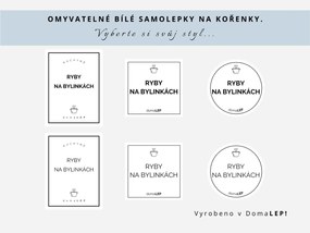 RYBY NA BYLINKÁCH - omyvatelná samolepka na kořenky, výběr rozměrů Ø 5 cm / 5 x 5 cm / 6 x 8 cm | DomaLEP tvar: ČTVEREC, barva: BÍLÁ - ČERNÉ písmo, velikost: š. 5 cm x v. 5 cm - tučné písmo