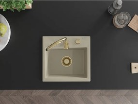 Mexen Milo, granitový dřez 435x410x171 mm, 1-komorový, béžová se zlatým sifonem, 6505441000-69-G