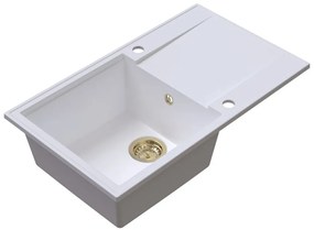 Sink Quality Sink55, kuchyňský granitový dřez 780x460x215 mm + zlatý sifon, bílá, SKQ-SINK.W.1KDOL.XG