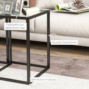 HOMCOM Sada 2 čtvercových stohovatelných konferenčních stolků s tvrzeným sklem a ocelovým rámem pro obývací pokoj 33x33x45,5 cm a 42x42x51 cm Černá