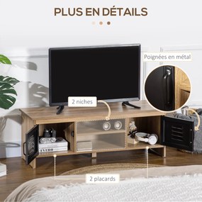 HOMCOM 43" Televizní Stojan v Průmyslovém Designu s 2 Skříňkami, 2 Nikami, 2 Otvory na Kabely, Dřevěným Povrchem a Černými Kovovými Dveřmi