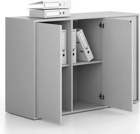 Kancelářská skříň FRAME, nízká, 3 dveře, 1299 x 450 x 881 mm, PUSH-lock, šedá
