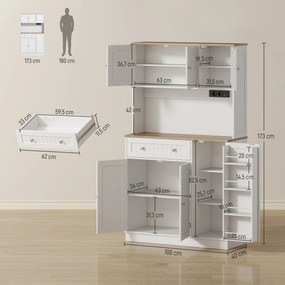 HOMCOM vysoký kuchyňský buffet, kuchyňská skříňka, nabíjecí stanice, 6 dveří, pracovní deska, držák na koření, 100x40x173 cm, bílá