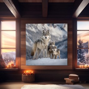 Obraz na plátně - Vlčice s vlčaty na průzkumu sněhem FeelHappy.cz Velikost obrazu: 100 x 100 cm