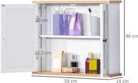 Nástěnný koupelnový kabinet kleankin se zrcadlem 2 úrovně s 1 nastavitelnou policí a 2 dřevěnými dveřmi - rozměr 56 š x 14 h x 46 v cm