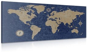 Obraz mapa světa s kompasem v retro stylu na modrém pozadí - 120x60 cm