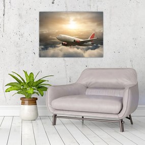 Skleněný obraz -  Letadlo v oblacích (70x50 cm)