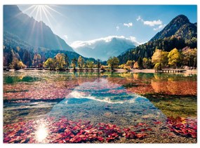 Skleněný obraz - Jezero Jasna, Gozd Martuljek, Julské Alpy, Slovinsko (70x50 cm)