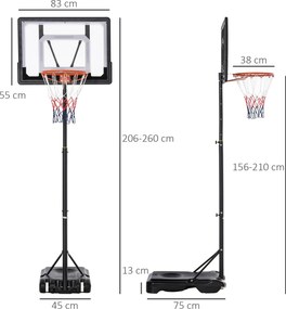 HOMCOM Venkovní basketbalový koš Výškově nastavitelný basketbalový stojan pro děti s kolečky, černý, 83 x 75 x 206-260 cm| Aosom