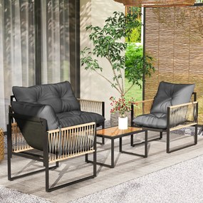 Zahradní ratanový nábytek Outsunny 4 kusy s polštáři, zahradní sedací souprava, 1 skleněný konferenční stolek, 2 křesla, 1 dvoulůžková pohovka, elega…
